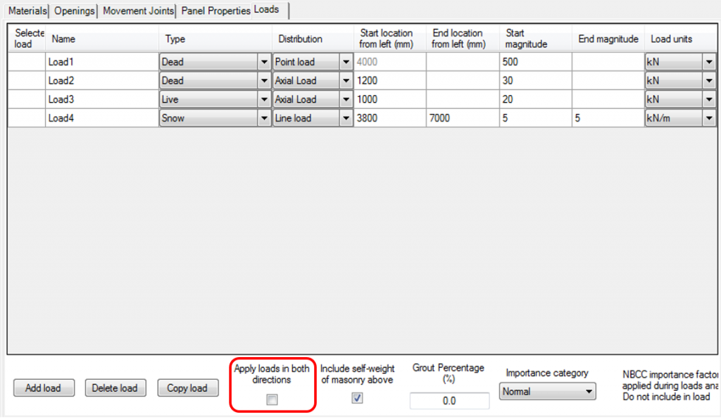 A specific applied load can be viewed under the